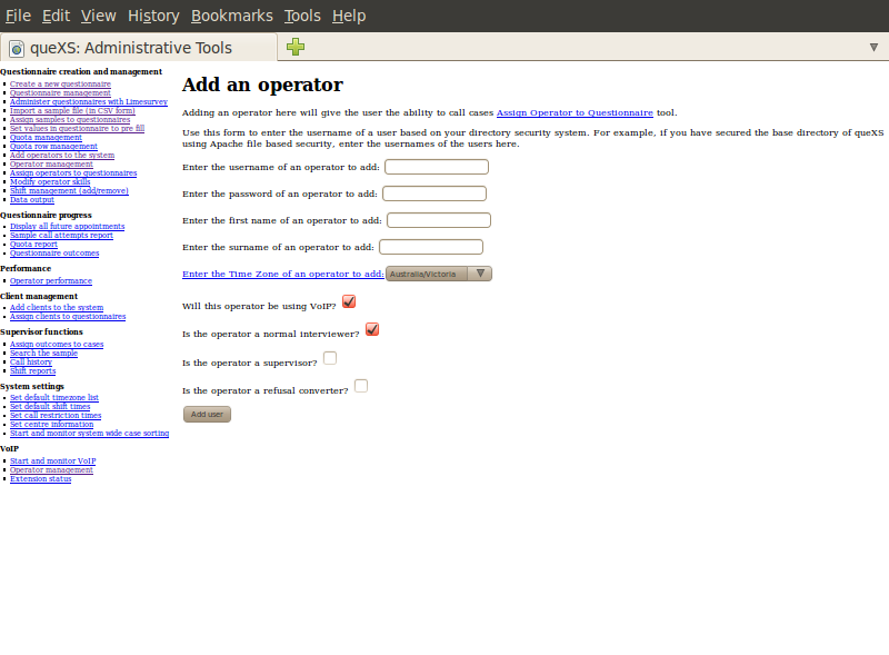 Adding operators and assigning them to questionnaires | ACSPRI