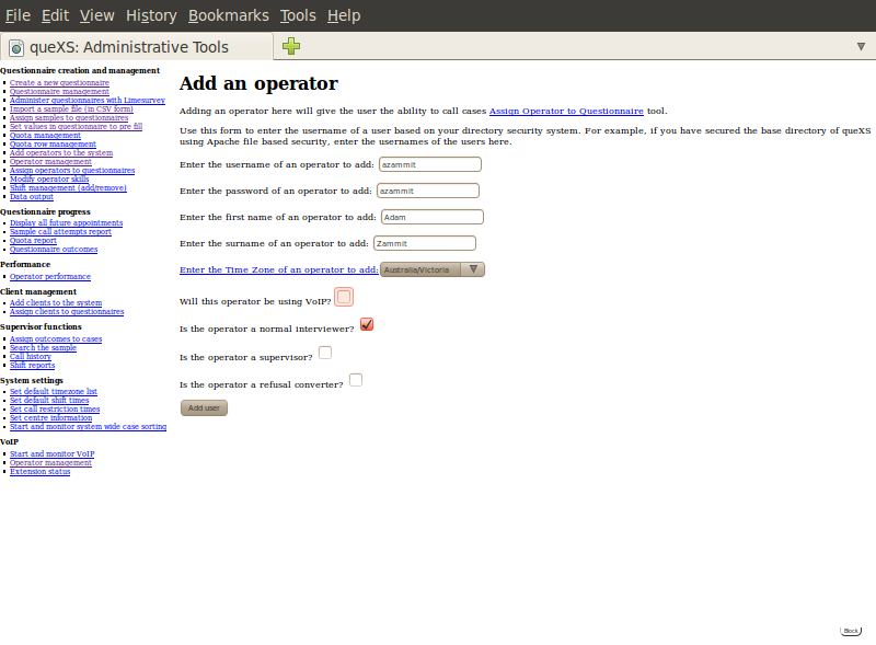 Adding operators and assigning them to questionnaires | ACSPRI